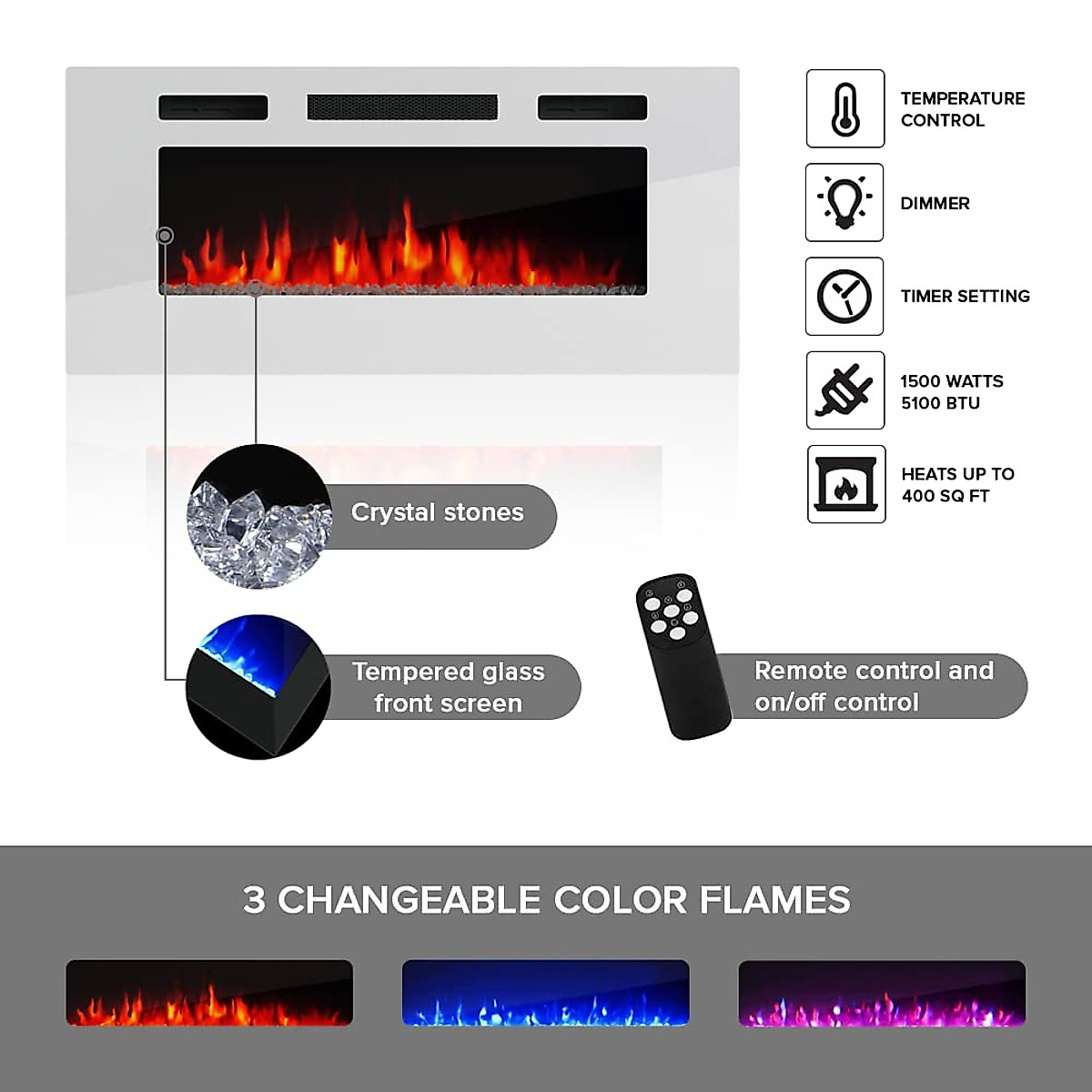 York WH02 Fireplace TV Stand for TVs up to 90", Modern High Gloss 79" Entertainment Center, Electric Fireplace TV Media Console with Storage Cabinets and LED Lights