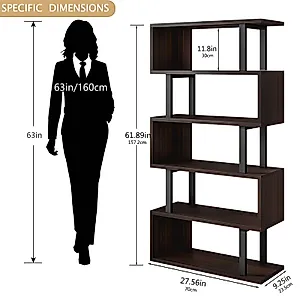 SORCEDAS Bookshelf Geometric Bookcase S Shaped Industrial Bookshelf Storage Display Stand Shelf for Living Room Bedroom and Office Room (Black, 5 Tier)