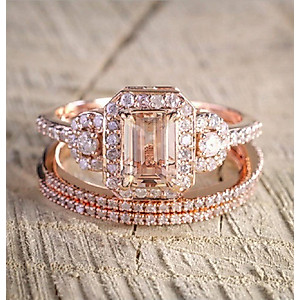 LRGKMCWTOB Fashion Elegant Women Gorgeous 18K Rose Gold Filled Morganite Ring Engagement Bridal Women Jewelry Set Size 6-10 (US 7)