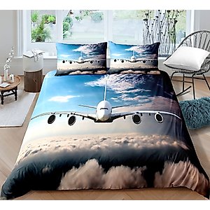 Jingzhang Aircraft Duvet Cover Flying Plane Bedding Set for Kids Boys Girls Children Airplane Print Comforter Cover Ultra Soft Decor Bedspread Cover Queen Size
