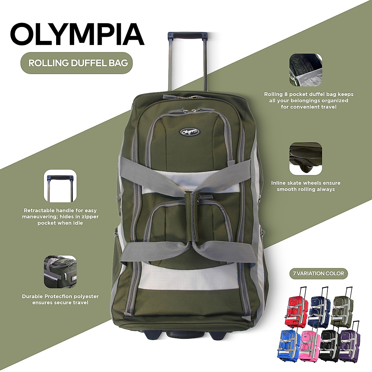 Olympia U.S.A. 22 inch Carry On 8 Pockets Wheeled Rolling Duffel Bag Water Resistant Luggage Lightweight Travel Suitcase with Retractable Handle