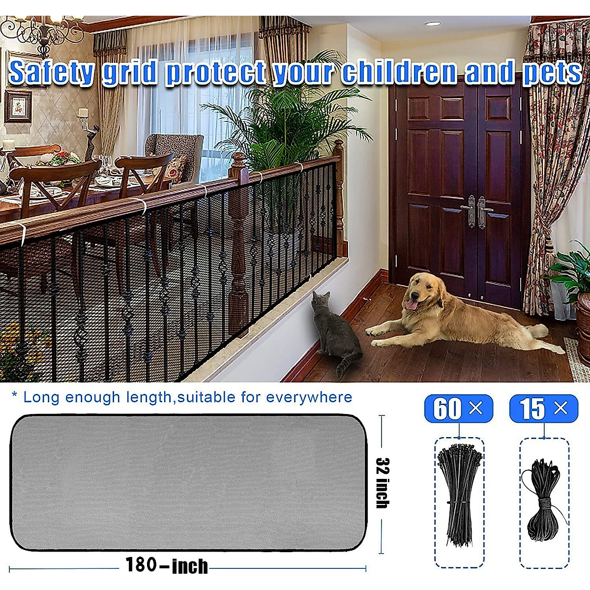 JIFTOK Ewaves Stairway Net - Baby Safety Rail - 180 inch x 32 inch - Banister Stair Net for Child, Small pet,Toy- Indoor & Outdoor(Black)