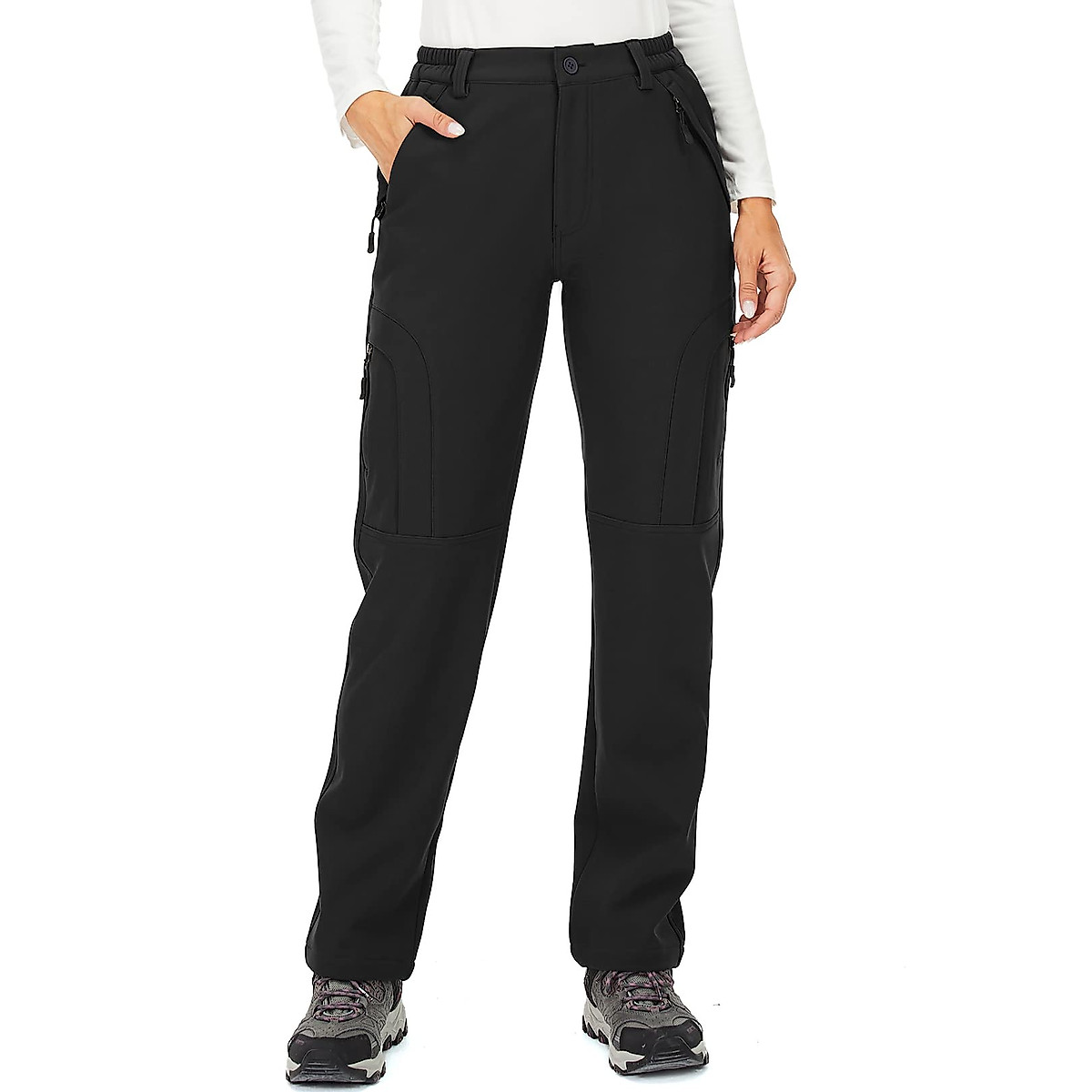 Women's Snow pants Hiking ski Waterproof Fleece Lined Outdoor Cargo Pants Softshell Winter Warm Pants with Zipper Pockets,H4409,Black,6