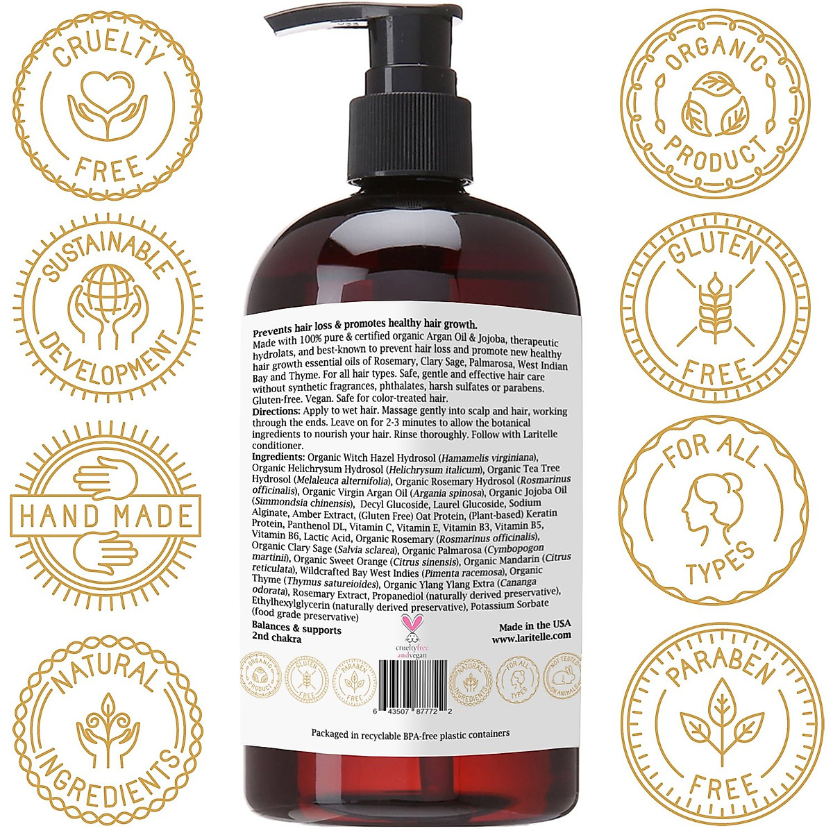 Laritelle Organic Shampoo 17.5 oz. Argan Oil, Rosemary, Palmarosa. Promotes Hair Growth, Prevents Hair Loss. GF