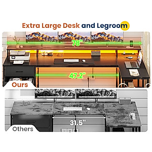 UPOSOJA L Shaped Gaming Desk with 3 Drawers, 78" Reversible Computer Desk with Power Outlet & LED Strip, Home Office Desk with Storage Shelves, Monitor Shelf, Mouse Pad Black