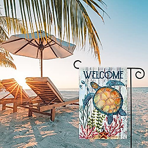 Texupday Welcome Turtle Tropical Ocean Garden Flag Rustic Coastal Summer Beach Yard Flag 12" x 18"