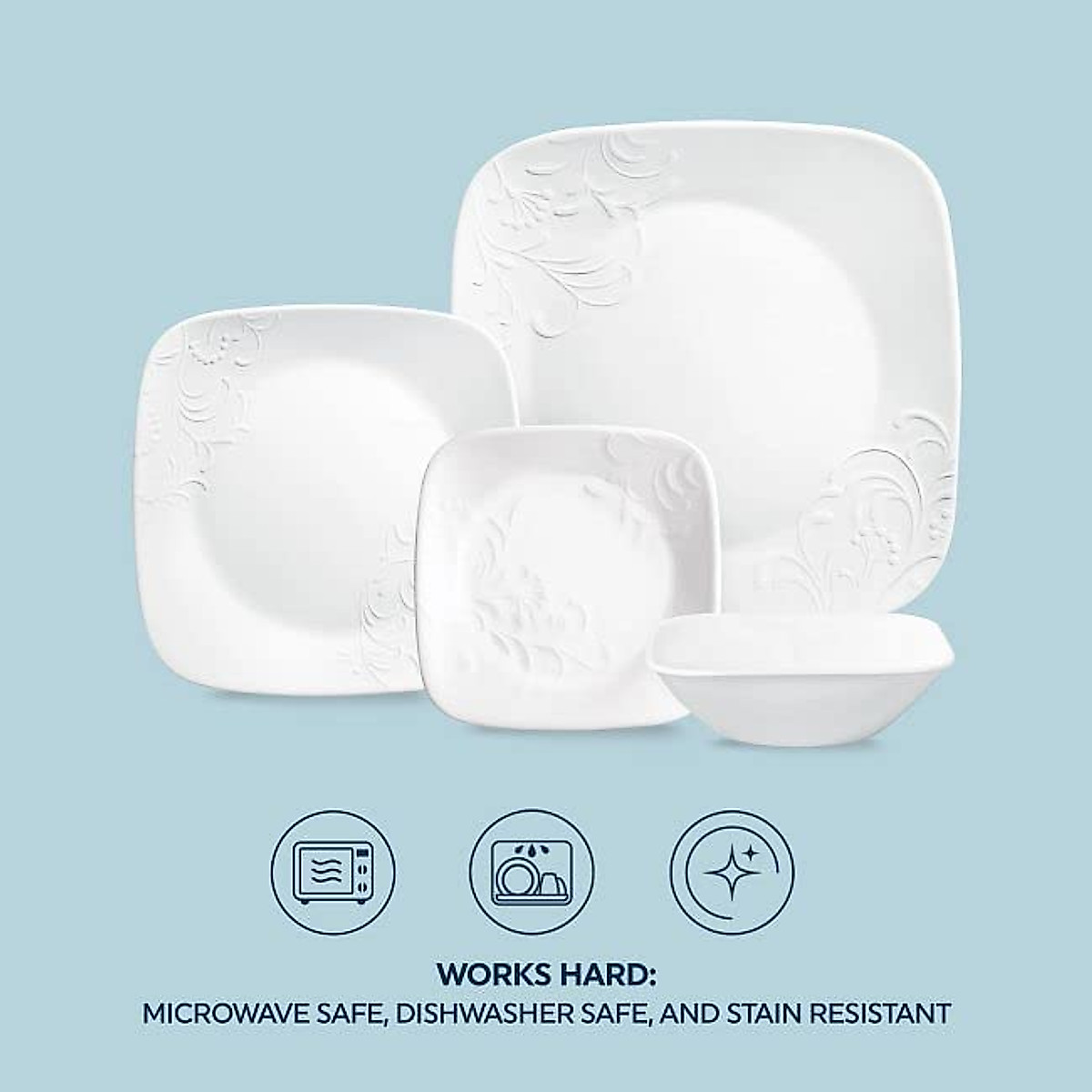 Corelle Cherish 16pc, Service for 4, Dinnerware Set, 8 plates 8 bowls, Chip & Break Resistant, Dinner Plates and Dinner Bowls, Corelleware Plates, White