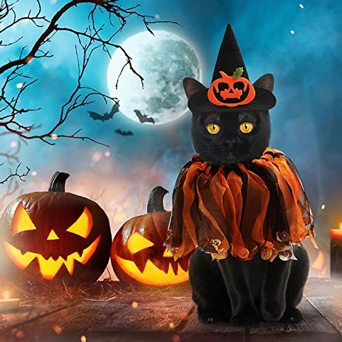 6 Pcs Dog Costumes Cat Witch Costume Suit Include Pet Pumpkin Witch Hat Halloween Cat Collar with Bells Dogs Cats Tutu Skirt for Pets Kitten Puppy Birthday Holiday Outfit