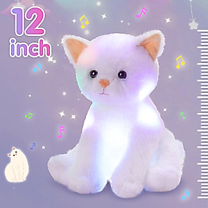 Houwsbaby 12'' White Musical Light Up Cat Stuffed Animal Kitty Plush Toy Singing LED Glowing Cat Plush Toy Christmas Festival Birthday Presents for Kids Girls Boys