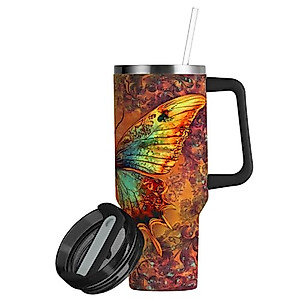 Flradish 30oz Tumbler with Handle, Dragonfly Totem Stainless Steel Tumbler with Lid and Straws Double Wall Vacuum Insulated Leakproof Coffee Travel Mug