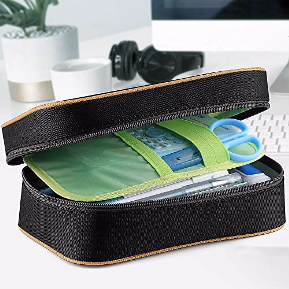 Homecube Pencil Case Big Capacity Storage Pen Bag Makeup Pouch Zippered Students Stationery Bag with Outer Pockets and Handle- 8.23x5.12x3.15- Black