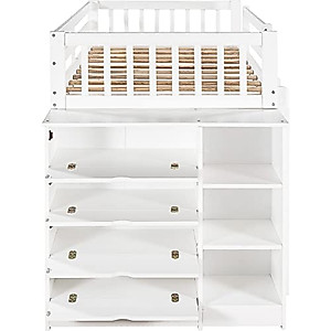 Harper & Bright Designs Twin Over Twin Bunk Bed with Storage Shelves, Kids Low Bunk Bed Frame with Bookcase, Floor Bunk Bed for Toddlers, Kids, Teens (New, White)