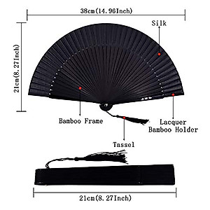 Amajiji 8.27"(21cm) Hand Held Bamboo Silk Folding Fan Hand Fan,Chinese/Japanese Charming Elegant Vintage Retro Style,Women Ladys Girls Best Gifts (Black)