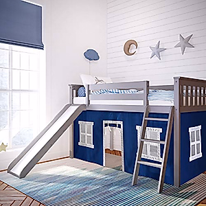 Max & Lily Low Loft Bed, Twin Bed Frame For Kids With Slide and Curtains For Bottom, Grey/Blue