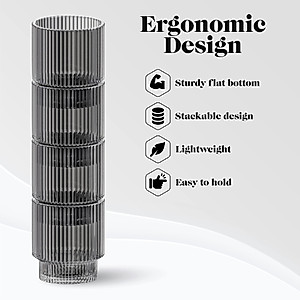 American Atelier Vintage Art Deco Fluted Drinking Glasses, Set of 4 Modern Kitchen Glassware Set | Old Fashion Tumbler for Cocktails and Water | Ribbed Lowball Glass Cup for Whiskey (Smoke Grey)