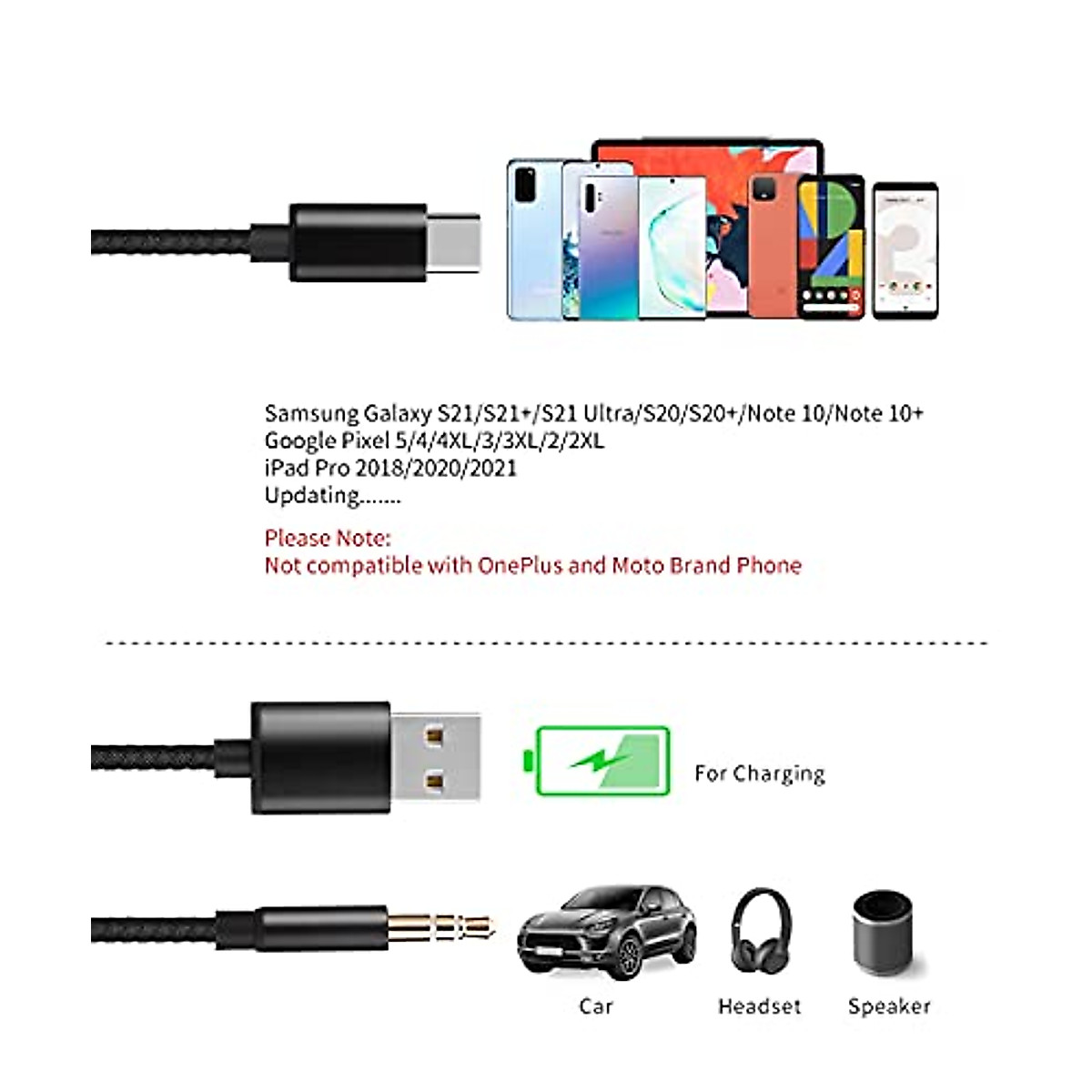 USB C to 3.5mm Aux Cable, 2 in 1 USB C to 3.5mm Car Stereo Aux Headphone Jack Cable with USB C Charging Compatible with Samsung Galaxy S23/S22 Ultra/S21/S21FE/S20/Note 20, Pixel 7/7Pro/6/6Pro/5/4/3XL