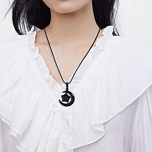 SUNYIK Natural Black Obsidian Crescent Moon Star Crystal Necklace for Women Men, Healing Crystal Stone Amulet Lucky Charm Pendant for Unisex