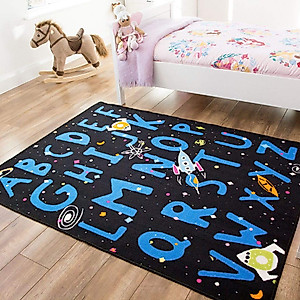 Alphabet A -Z Space Spaceship Blue Black Colourful Boys Kids Childrens Floor Play Area Rug Mat 3'3" x 4'7"