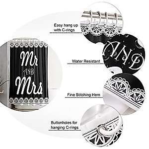 MUSEDAY 4 Pcs Shower Curtain Set Wedding Bathroom Decor Sets with Non-Slip Rugs, Toilet Lid Cover & Bath Mat Waterproof Curtains for Bathroom, Lace Pattern with Words Mr and Mrs