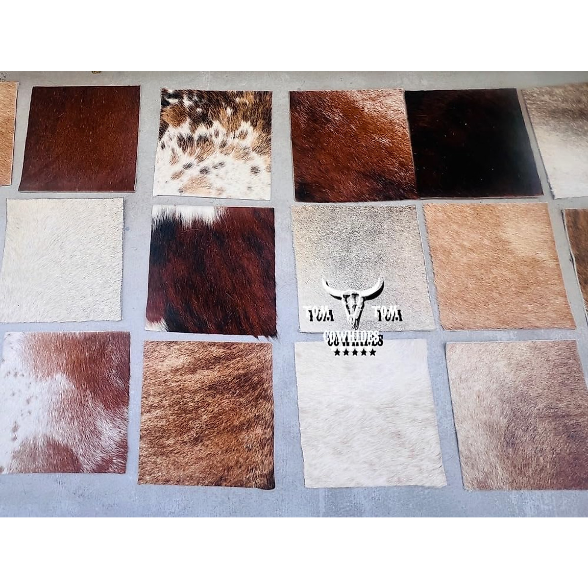 Tomtom Cowhides Nice Variety 15 Pieces Hair on Cow Hide Scrap Leather Hide Remnant (15) Pieces of Approx. 8" x 8"