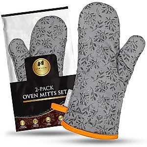 Premium Heat-Resistant Oven Mitts - Stylish and Beautiful - Non-Slip Platinum Silicone Grip - Long and Thick - 100% Natural Cotton Exterior and Soft Terry Cloth Lining - Set of 2 by Cook'n'Chic