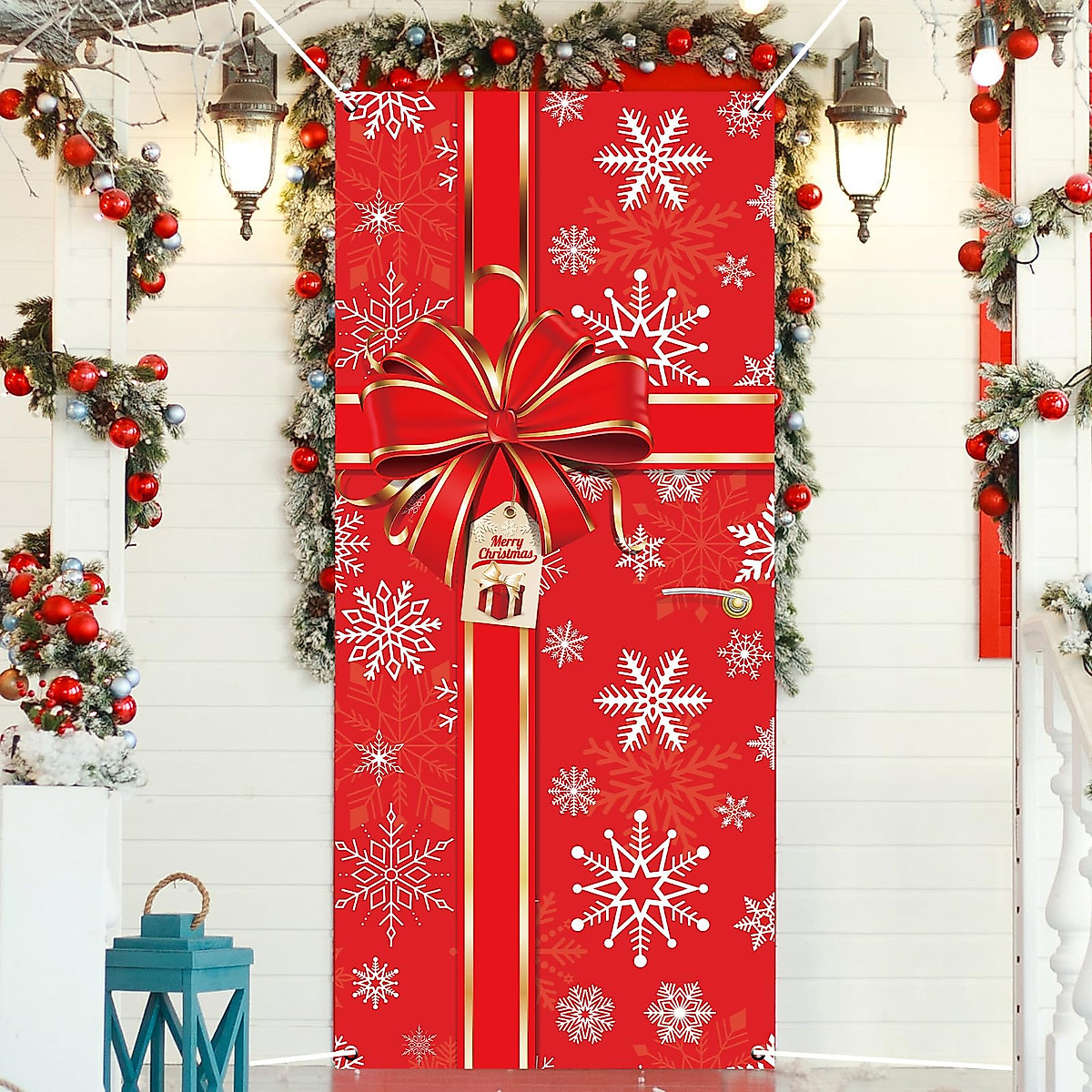 Christmas Door banner Christmas Snowflake Photography Backdrop Christmas Bowknot Gift Box Door Hanging Banner Sign Merry Christmas Decoration for Home Wall Outdoor Indoor Party Holiday Xmas Eve…
