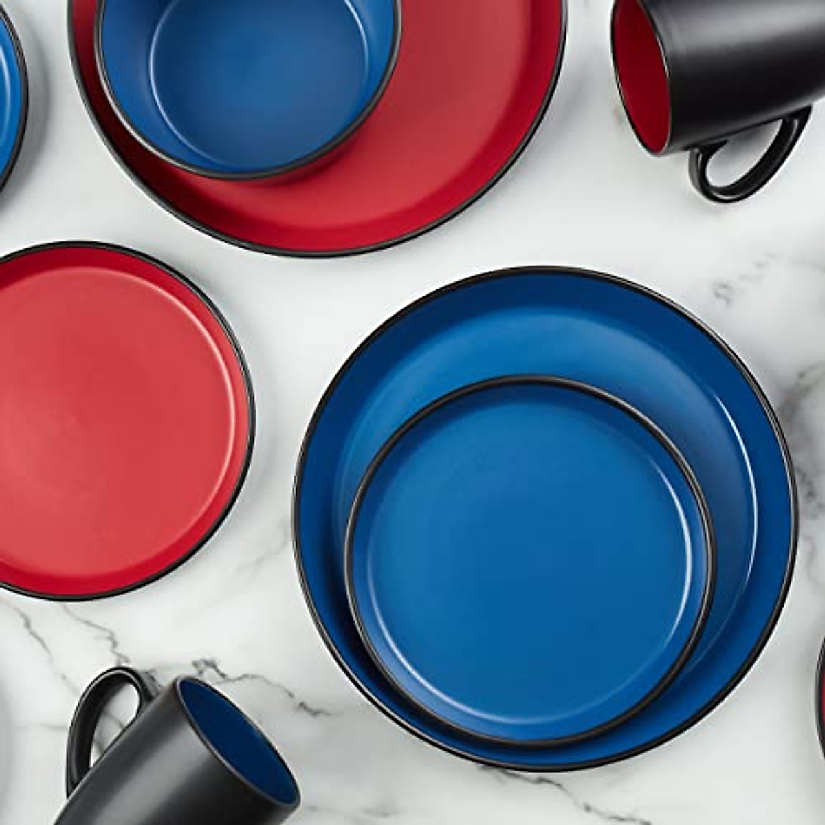 Stone Lain 16 Pieces Two-Tone Color Glaze without Rim Stoneware Round Dinnerware Set, Blue and Black