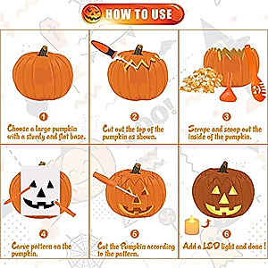 Pumpkin Carving Kit for Kids, 6 Easy Halloween Pumpkin Carving Tools Set, 6 LED Candles, 10 Carving Stencils & 20 Halloween Cellophane Candy Bags