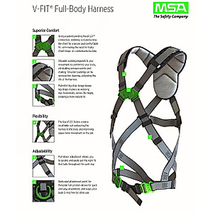 MSA 10194630 V-FIT Full Body Safety Harness - Size: Medium, D-Ring Configuration: Back, Quick Connect Leg Straps, With Shoulder Padding, Full Body Harness