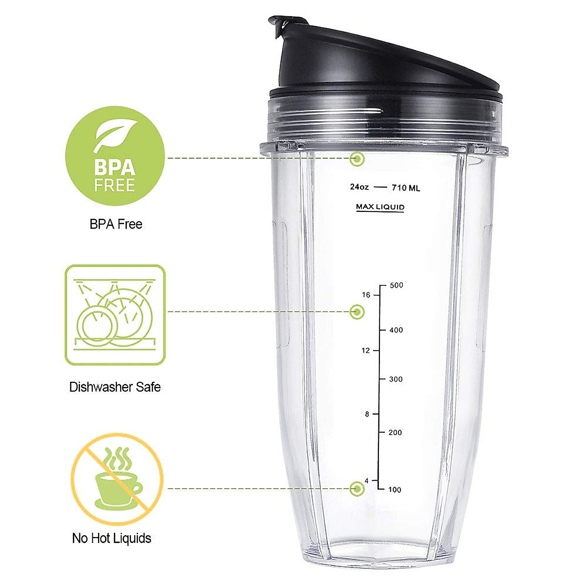 Blender Replacement Cups for Ninja Blender, 24OZ Cups with 2 Sip Seal Lids & 2 Gaskets, Compatible with Nutri Ninja Auto IQ Series Blenders BL450 BL454 BL456 BL480 BL490 BL640 BL642 BL680(2 Pack)