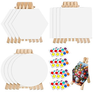 Soaoo 12 Sets 4x4 Inch Mini Canvas and Easel Set Wooden Mini Art Easel Canvas Painting Set with 12 Boxes Watercolor Paint for Kids Teenagers Paint and Sip Art Party Supplies