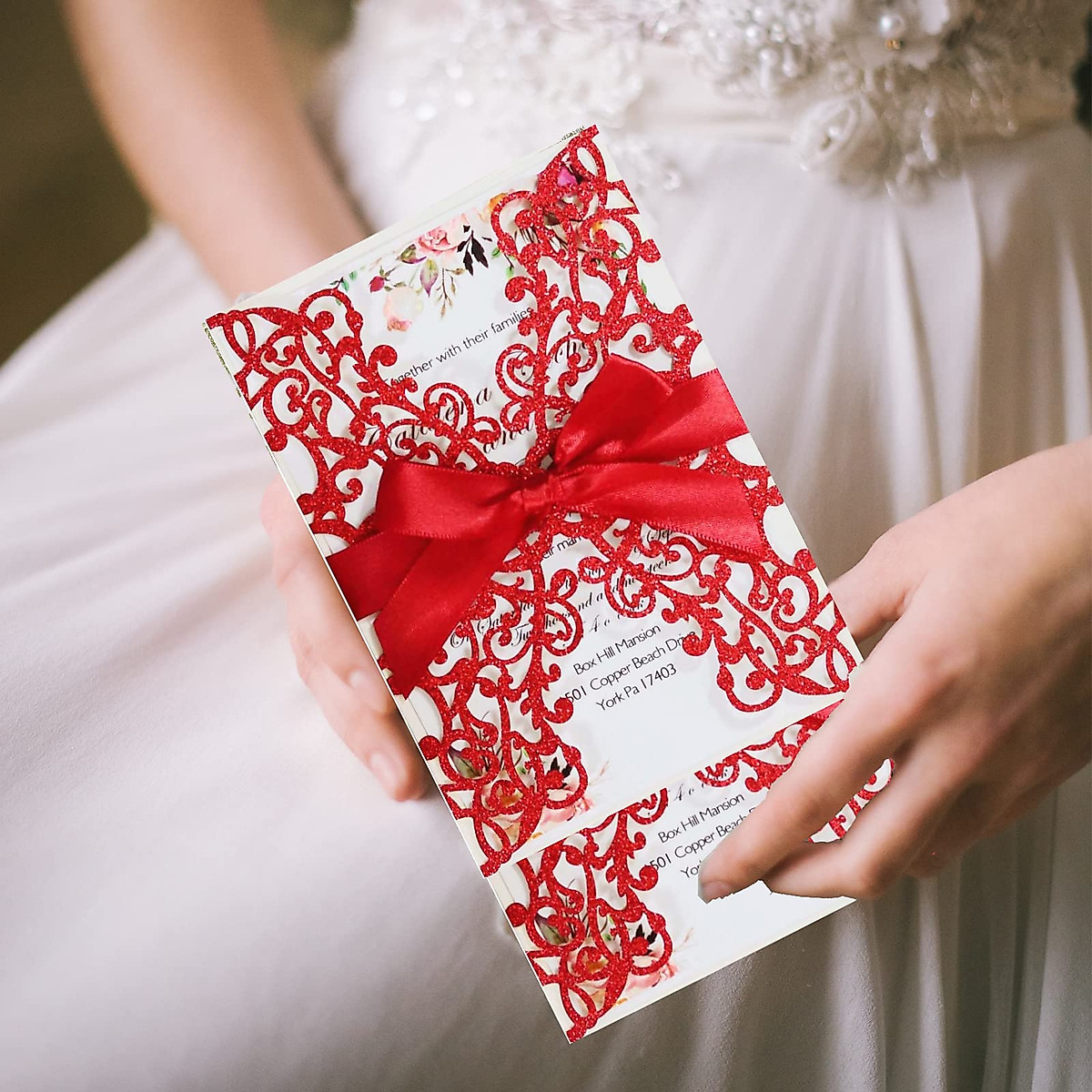 KALOPEZY 25PCS Wedding Invitation Red invitations Red Powder Floral Laser Cut with Blank Inner Sheet Envelopes and Ribbons for Wedding Engagement Bridal Bridal Shower Invite