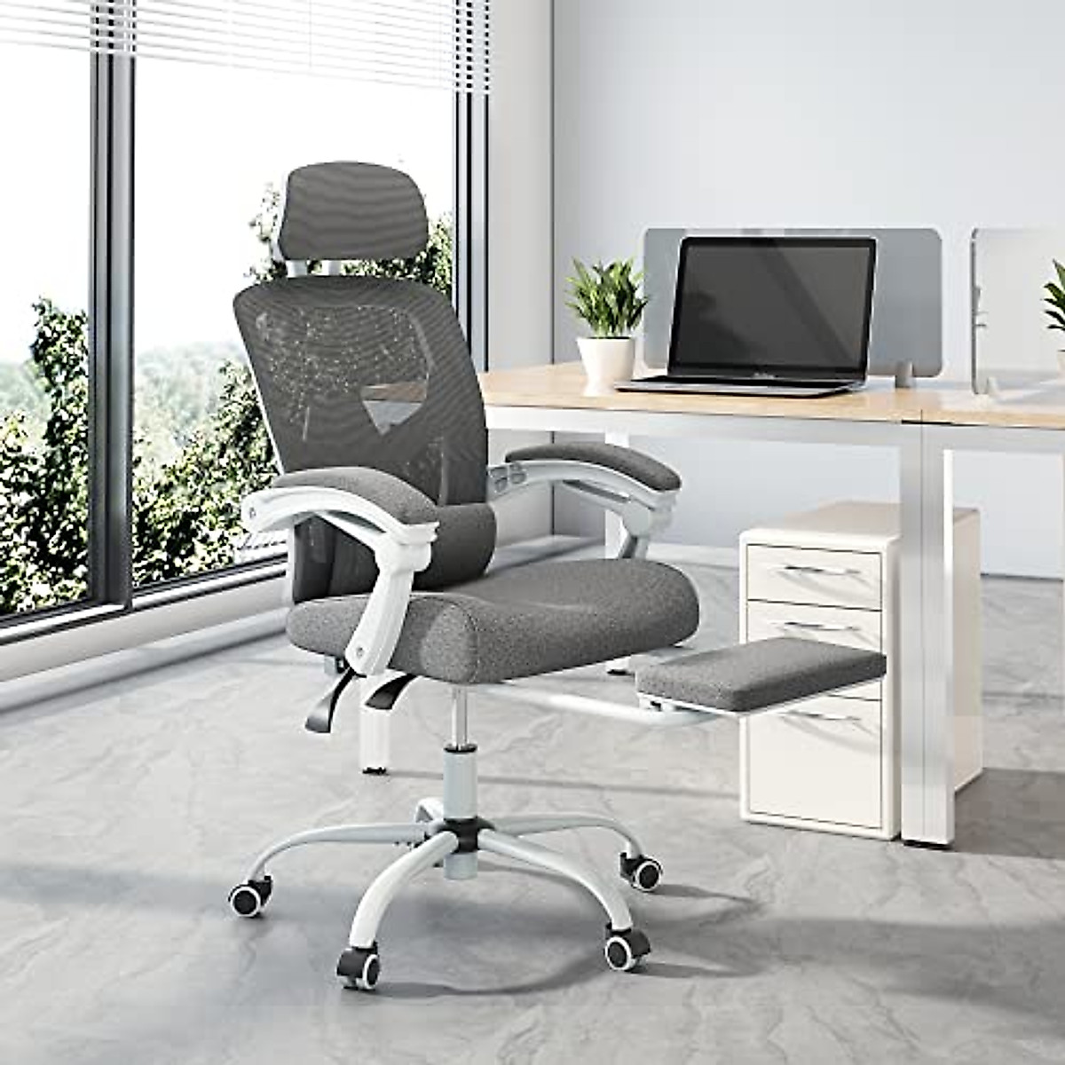 Ergonomic Office Chair, Reclining High Back Mesh Chair, Computer Desk Chair, Swivel Rolling Home Task Chair with Lumbar Support Pillow, Adjustable Headrest, Retractable Footrest and Padded Armrests