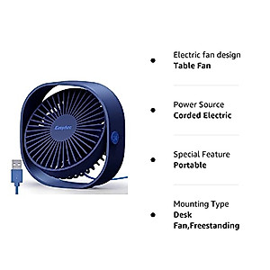 EasyAcc USB Desk Fan, 3 Speeds USB Fan [Lower Noise USB Powered ONLY&Powerful Desk Fan] USB Portable Powered Fan, 360°Rotatable Personal Table Fan Travel Fan for Desk Home Bedroom Office（No Battery）