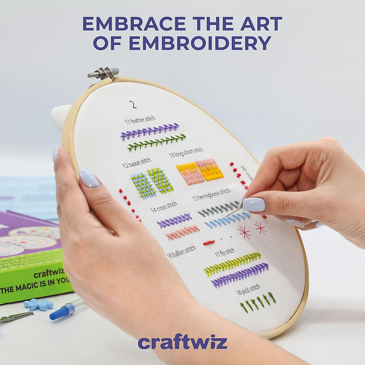 Craftwiz 4 Set Starter Embroidery Kit for Beginners Adults and Teens with Simple Embroidery Patterns, Beginner Embroidery Kit for Adults, Learn to Embroider 29 Stitches with Hand Embroidery Kit