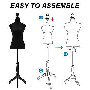 BLKMTY Female Mannequin Torso Dress Form Sewing Mannequin Manikin Body Height Adjustable Clothing Dress Model w/ Tripod Base Stand for Sewing Dressmakers Dress Jewelry Display 49-63 Inch, Black