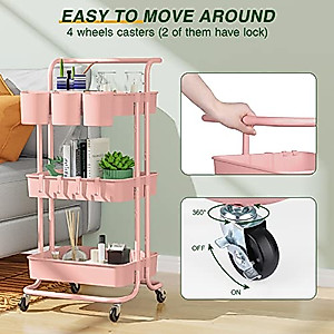 3-Tier Rolling Mobile Utility Cart with Hanging Cups & Hooks & Handle Multifunctional Organizer Storage Trolley Service Cart with Wheels Easy Assembly for Office, Bathroom, Kitchen(Pink)