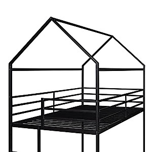 Lifeand Twin Over Twin Bunk Beds for Kids,Metal House Bunk Bed Frame with Built-in Ladder,No Box Spring Needed,Black