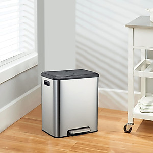 Fashionwu Dual Trash Can, Stainless Steel 2 x 4 Gal (2 x 15L) Garbage Can, Steel Pedal Recycle Bin with Lid and Inner Buckets, Rectangular Hands-Free Kitchen Trash Can