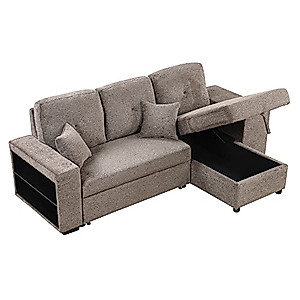 Eafurn 95" Reversible Sectional Chaise and Storage Shelves,Velvet Pull Bed w/Stools and 2 Tossing Cushions,3 Seat Sleeper L-Shape Corner Sofa & Couches for Living Room, Knox Charcoal