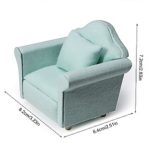 Dollhouse Couch with Pillow 1 12 Scale Miniature Sofa Arm Chair Living Room Furniture Wooden Fabric Frame Single Reading Chair Artificial House Room Scene Decoration (Green)