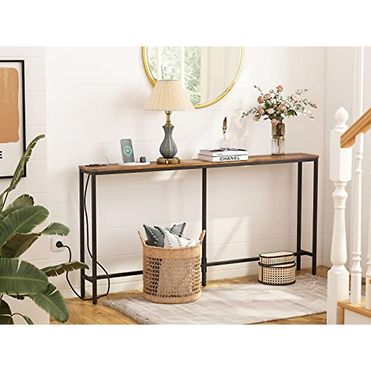 SUPERJARE Console Table with Outlet, 63 Inch Sofa Table with Charging Station, Narrow Entryway Table, Skinny Hallway Table, Behind Couch Table, for Living Room, Plants - Rustic Brown