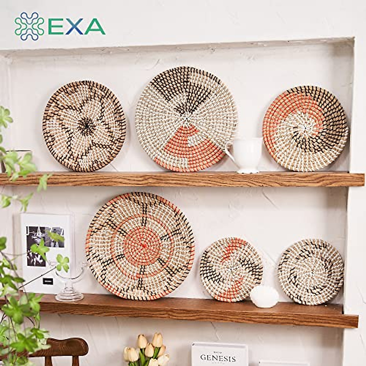 EXA Set of 6 Seagrass Wall Basket Cosmos Decor - Boho Farmhouse Rustic Room Style - for Thanksgiving Christmas Hanging Wall Art, Gift Idea, Table Settings - Handmade, Round, Natural Wicker