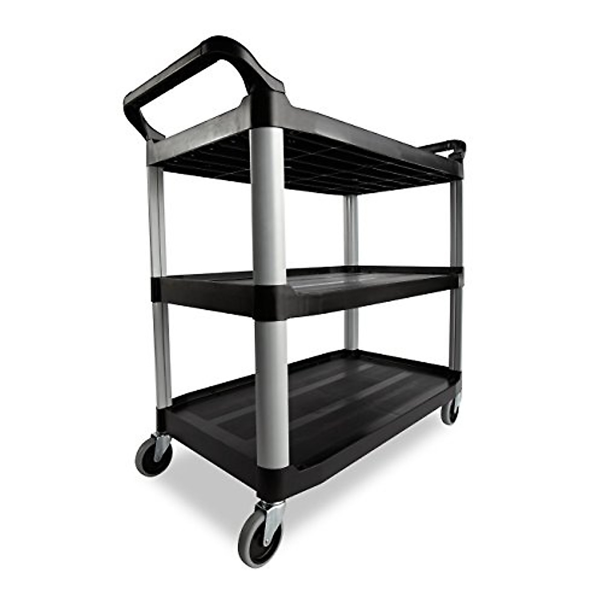 Rubbermaid Commercial Products Heavy Duty 3-Shelf Rolling Service/Utility/Push Cart, 200 lbs. Capacity, Black, for Foodservice/Restaurant/Cleaning/Workplace