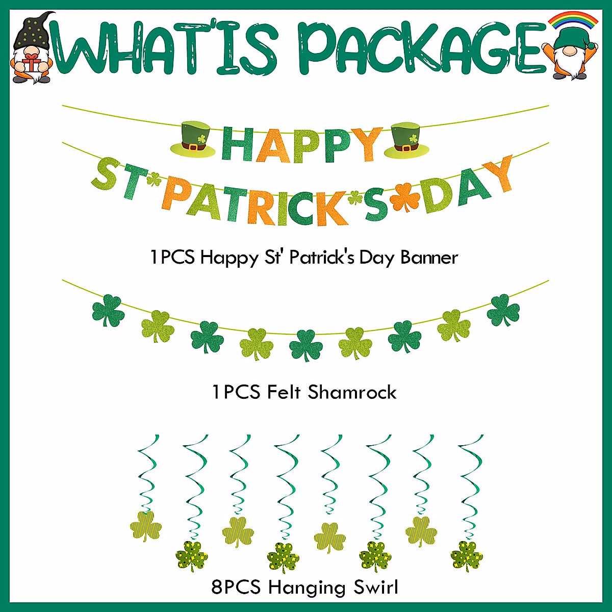 St.Patricks Day Decorations,1 Felt Shamrock Clover Garland+ 1 Happy St.Patricks Day Banner+8Pcs Hanging Swirls,St. Patrick 's Day Banner Decor perfect for Irish party supplies- Green and Light Green Color