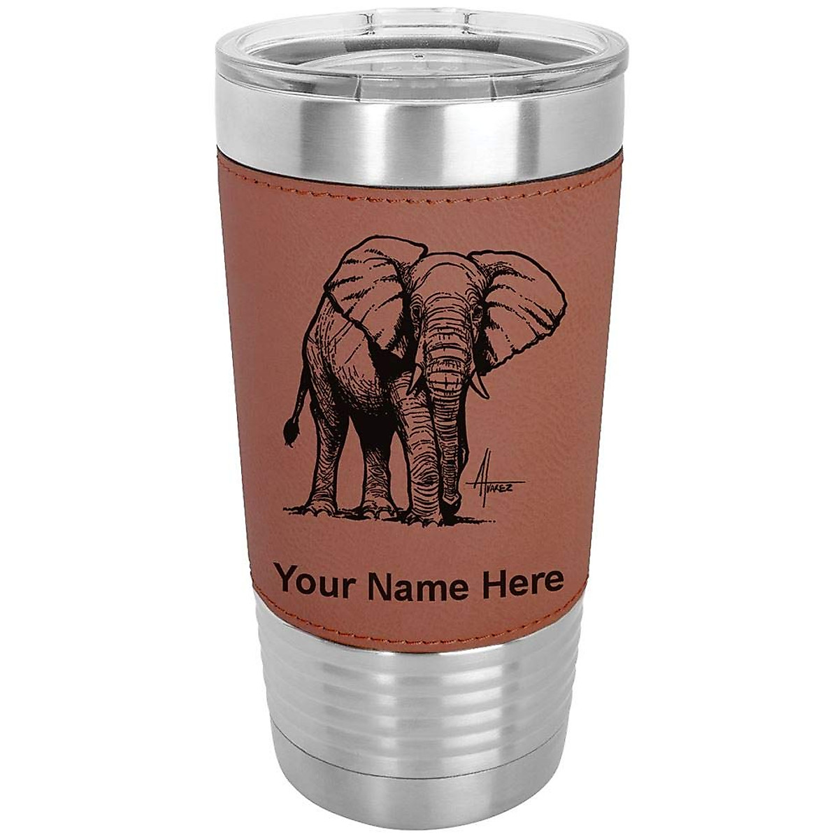 LaserGram 20oz Vacuum Insulated Tumbler Mug, African Elephant, Personalized Engraving Included (Faux Leather, Dark Brown)