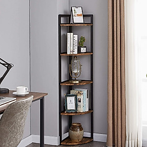 SUPERJARE Corner Shelf, Industrial 5-Tier Wall Corner Bookshelf with Metal Frame, Corner Shelf Stand Display Plant Flower, Corner Bookcase for Home, Office, Kitchen - Rustic Brown
