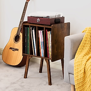 LELELINKY Record Player Stand,Vinyl Record Storage Table with 4 Cabinet Up to 100 Albums,Mid-Century Turntable Stand with Wood Legs,Brown Vinyl Holder Display Shelf for Bedroom Living Room (Patented)