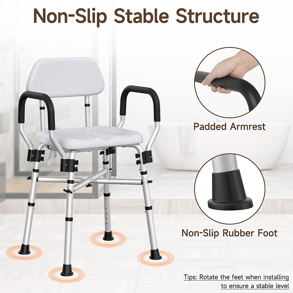 WAYES Padded Shower Chair with Arms and Back - Bariatric Shower Chair, Up to 500 Lbs, Heavy-Duty, Adjustable