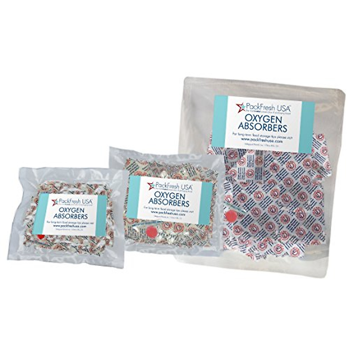 PackFreshUSA: Oxygen Absorber Combo - Contains 3 Sizes 50cc, 100cc, and 300cc- Food Grade - Non-Toxic - Food Preservation - Long-Term Food Storage Guide Included - 75 Pack (25 Count of Each Size)